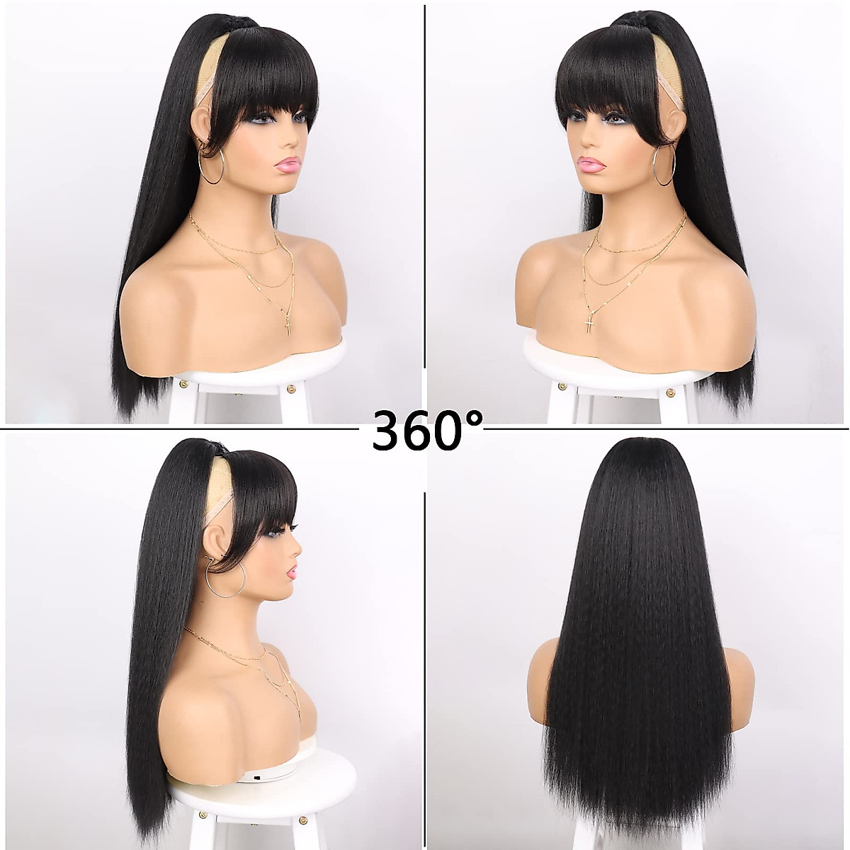 G&T Yaki Drawstring Ponytail Extension with Bangs - Long Yaki Straight Clip in Ponytails Extension for Black Women Synthetic Hairpiece for Daily Party Use (1B, 24 inch)