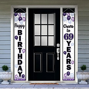 LASKYER Happy 69th Birthday Purple Door Banner - Cheers to 69 Years Old Birthday Front Door Porch Sign Backdrop,69th Birthday Party Decorations.