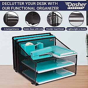Office Desk Organizer Metal Mesh with 3 Paper Trays and 2 Vertical Upright Sections, Desktop File Holder for Letter Size A4, Folders, Stationary, and Desk Accessories