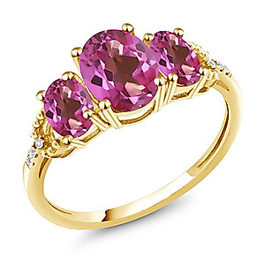 Gem Stone King 10K Yellow Gold Pink Mystic Topaz 3-Stone Engagement Ring | 2.34 Cttw | Oval 8X6MM and 6X4MM | 3 Stone Wedding Anniversary Promise Ring For Women (Size 5)
