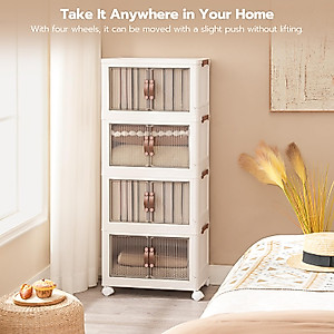 HOOBRO 11 Gal Plastic Storage Bins with Lids, 4 Tiers Folding Stackable Storage Bins with Doors and Wheels, Collapsible Storage Cabinet, Closet Organizers and Storage Containers, White WG442CW01