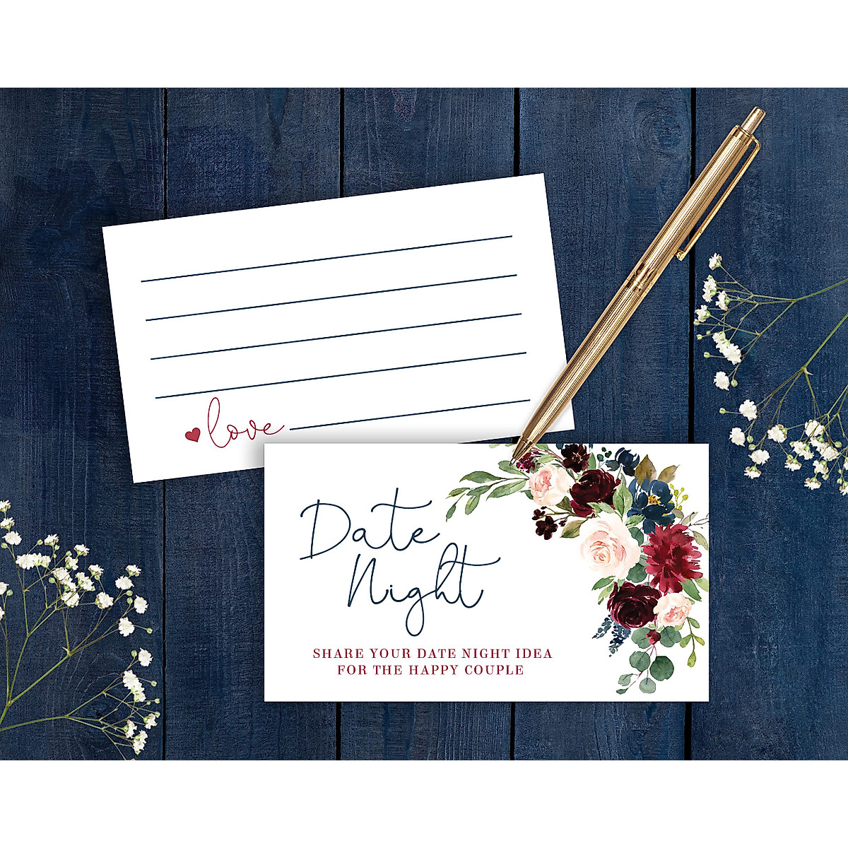 Your Main Event Prints Burgundy and Navy Floral Date Night Game Sign and Cards - Great for Bridal Showers and Weddings - 1 Self-Standing Sign and 50 Guessing Cards