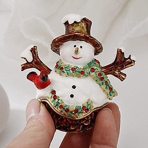 Hand Painted Enamel Trinket Box, Hinged Jewelry Organizer Mini Ring Earrings Storage, Unique Home Decor Figurine Keepsake Collectible, Personalized Elegant Handmade Ornament (White Snowman)