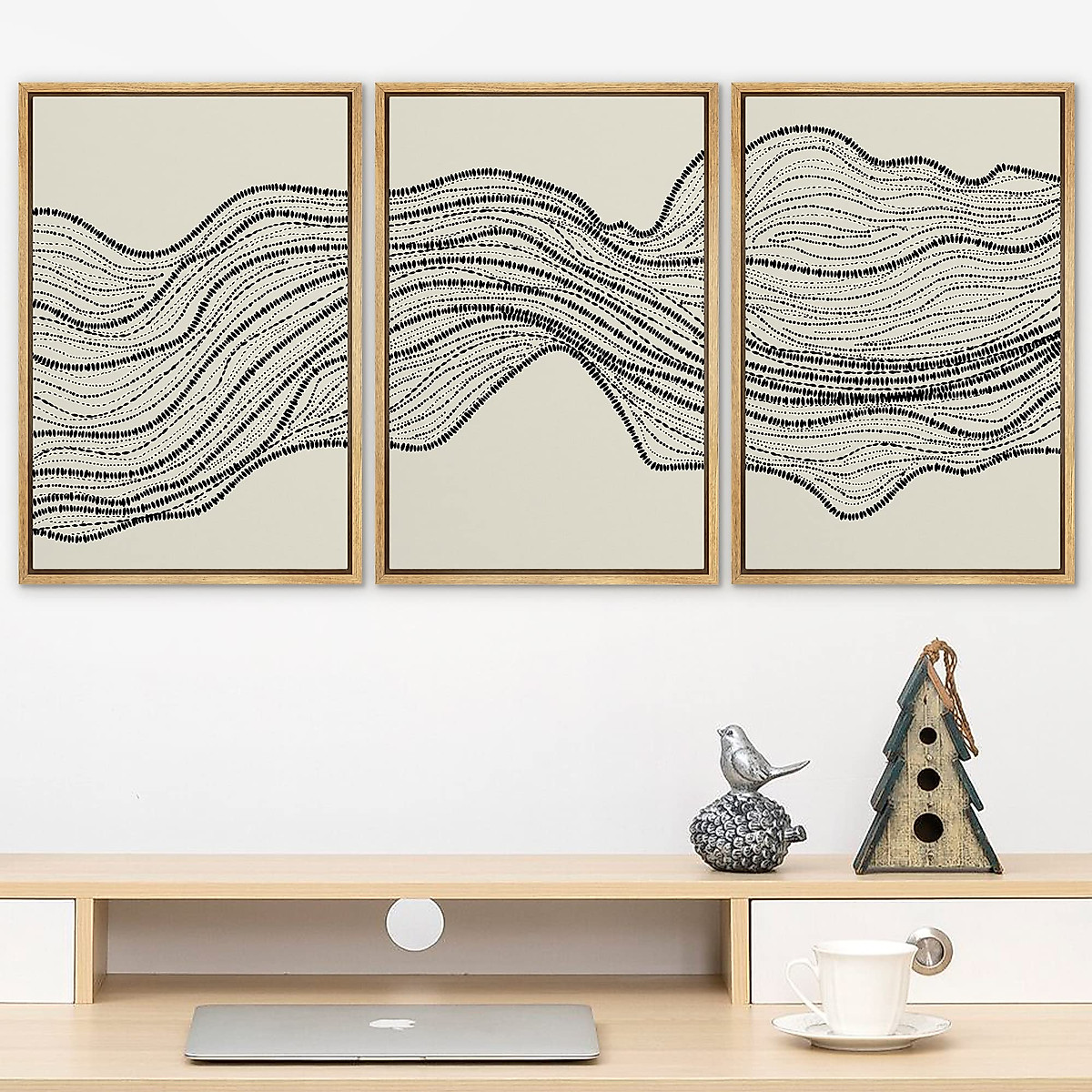 SIGNLEADER Framed Canvas Print Wall Art Set Geometric Black Tan Wave Landscape Abstract Shapes Illustration Modern Art Minimalism Decorative Nordic for Living Room, Bedroom, Office - 24"x36"x3 NATURAL