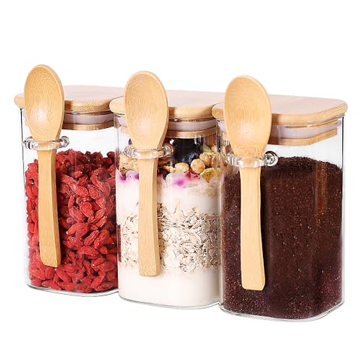 SAIOOL Glass Jars Set of 3 * 15 OZ-Food Storage Containers Clear Kitchen Canister with Bamboo Spoon Airtight For Serving Candy,Coffee Tea, Flour, Sugar, Cookie, Cereal(Square