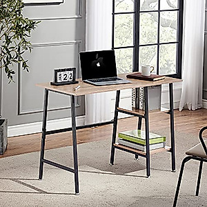 VECELO 43 Inch Writing Computer Desk, Home Office Study Tables with 2 Tier Storage Shelves eiton Left or Right Side, Simple Industrial Style with Adjustable Feet and Water Proof Surface, Oak, 43"
