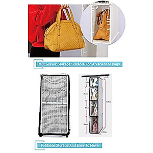 OULLYY Hanging Handbags Organizer for Closet, Multi-Layer Breathable Cotton Linen Fabric Closet Purse Storage Bag with Clear Dust Proof Cover (Gray A)