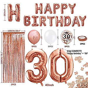 MOVINPE 30th Rose Gold Birthday Party Decoration, Happy Birthday Banner, Jumbo Number 30 Foil Balloon, 2 Rose Gold Fringe Curtain, Latex Confetti Balloon, Table Confetti for Girl Women Anniversary