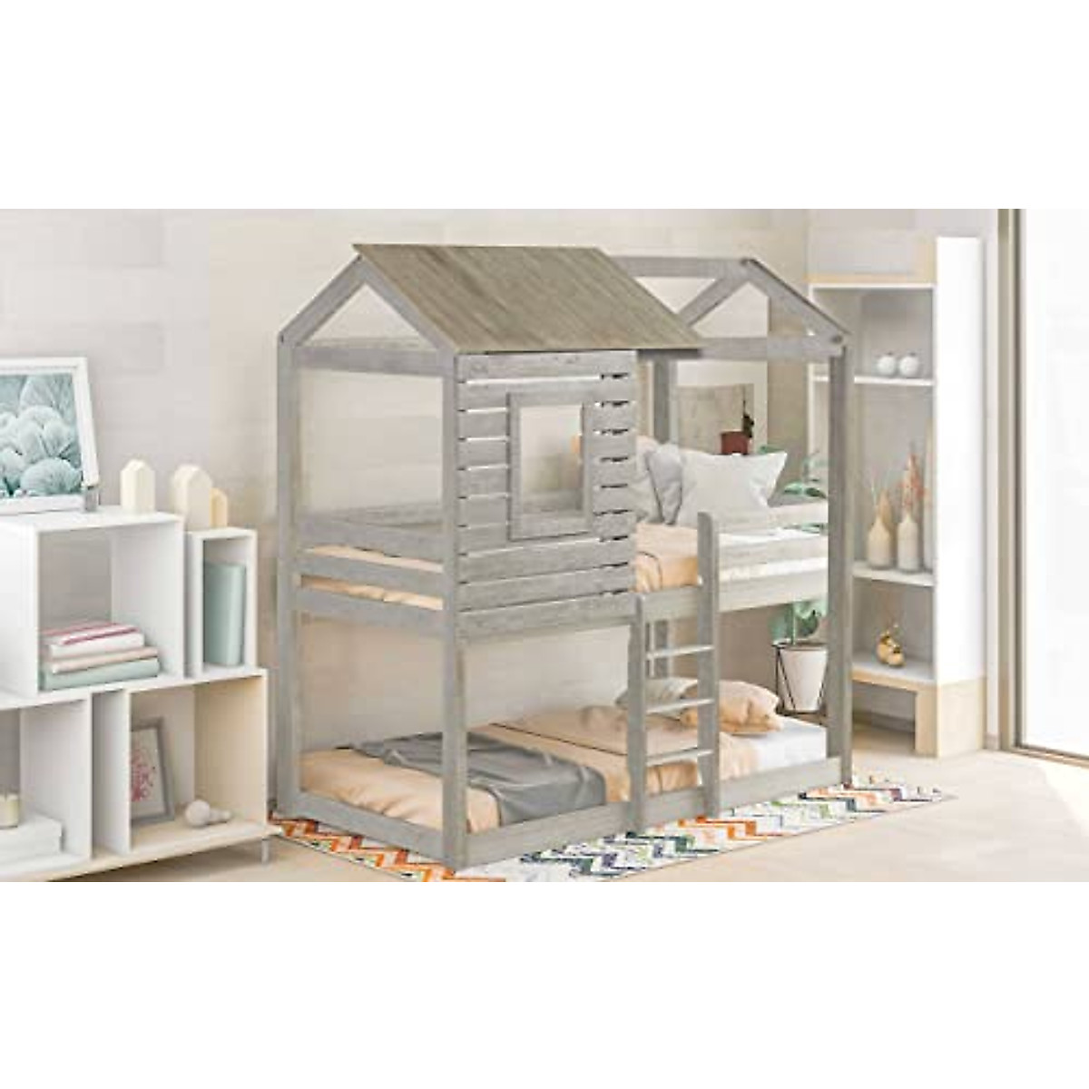 Mesnt Twin Bunk Bed Frame | Twin Over Twin Bunk Bed Wood Loft Bed with Roof, Window, Guardrail, Ladder Antique Gray