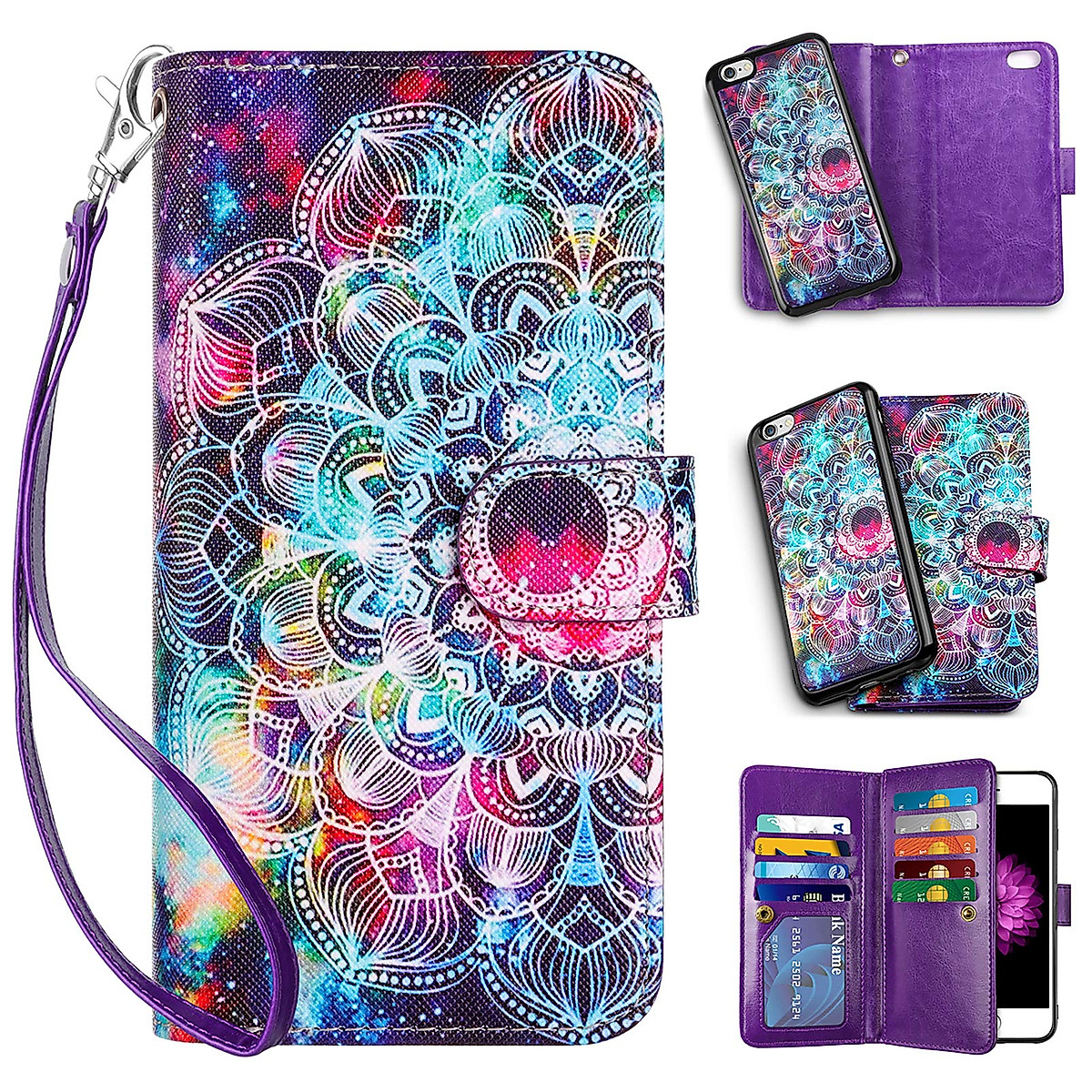 Vofolen 2-in-1 Case for iPhone 8 case iPhone 7 SE 2020 Wallet Card Holder Slot Detachable Strap Protective Slim Hard Shell Magnetic PU Leather Folio Pocket Flip Cover for iPhone 7 8 SE2 Mandala Purple