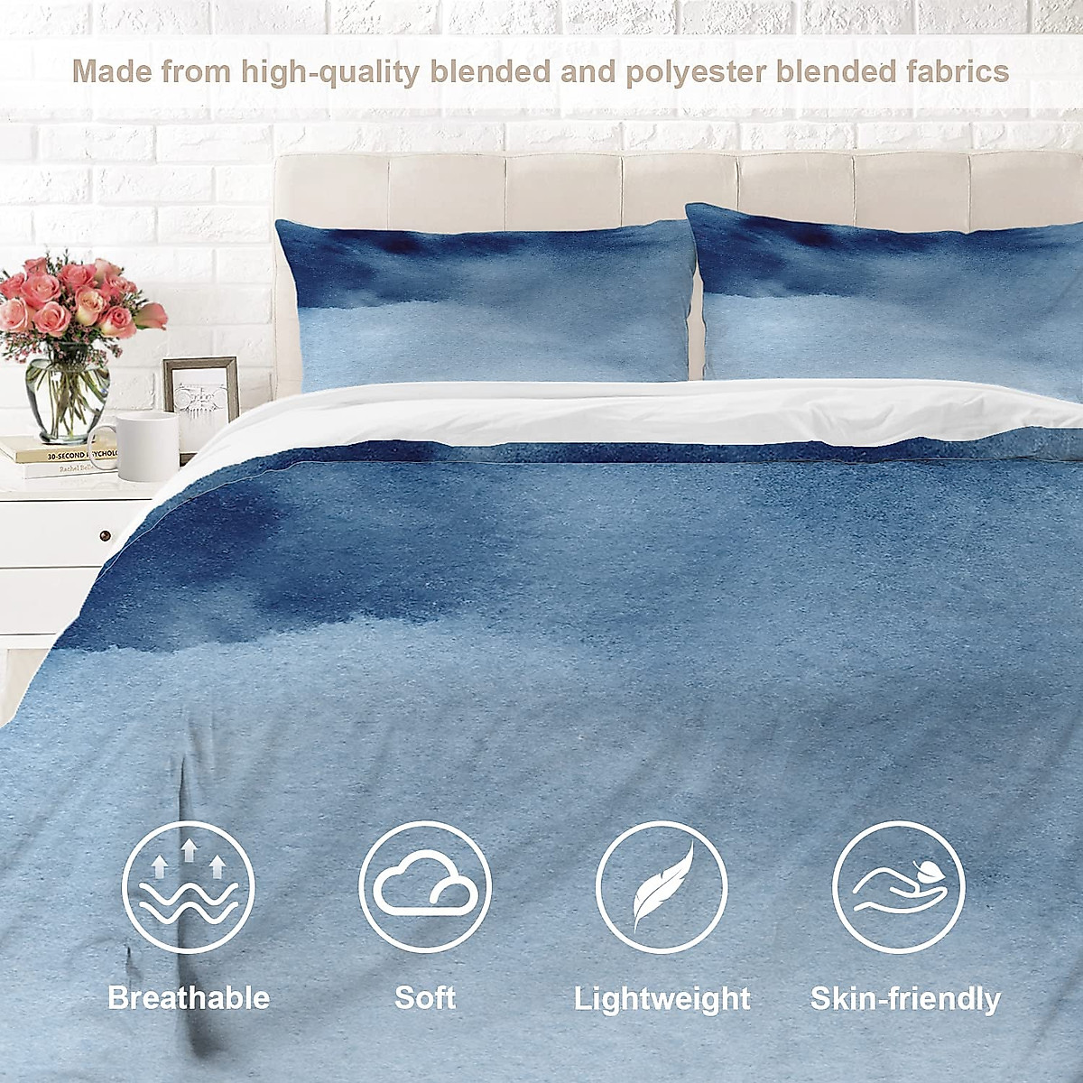 BaoNews Blue Grey Watercolor Ombre Blue Duvet Cover Set King Size,3 Pieces Bedding Set Hotel Quality 100% Cotton Comforter Cover Set with 2 Pillowcases(No Filler)