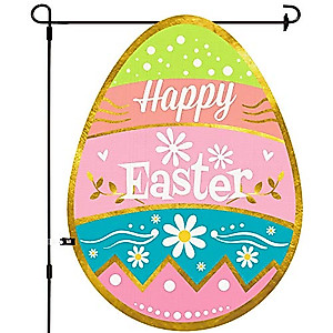 Whaline Happy Easter Garden Flag Colorful Easter Egg Shaped Yard Flag with Rubber Stopper and Windproof Clip Double-Sided Waterproof Spring Holiday Outdoor Burlap Fabric Flag for Patio Lawn