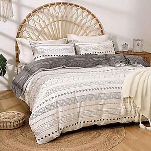 Lekesky Cotton Duvet Cover Queen Size, Boho Aztec Beige Comforter Cover Bedding Set for All Season, 3pcs Soft Comfortable Lightweight Duvet Cover and 2 Pillowcases