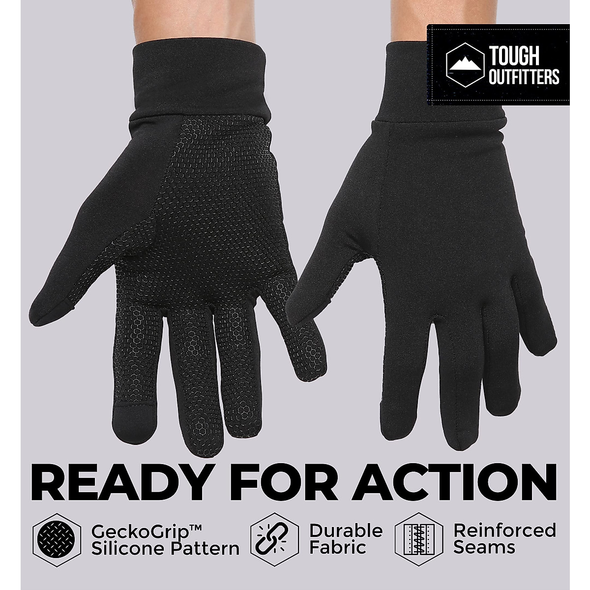 Tough Outdoors Touch Screen Running Gloves - Black Winter Glove Liners for Texting, Cycling, Exercise & Sports - Thin, Lightweight & Warm Cold Weather Thermal Gloves - Super Grippy Palm X-Large