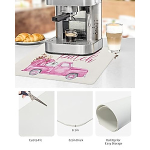 Coffee Mat for Counter, Fall Thanksgiving Pink Truck Pink and White Pumpkin Patch Absorbent Hide Stain Coffee Bar Mat, Non-slip Coffee Bar Accessories Kitchen Drying Mat Fit Under Coffee Maker