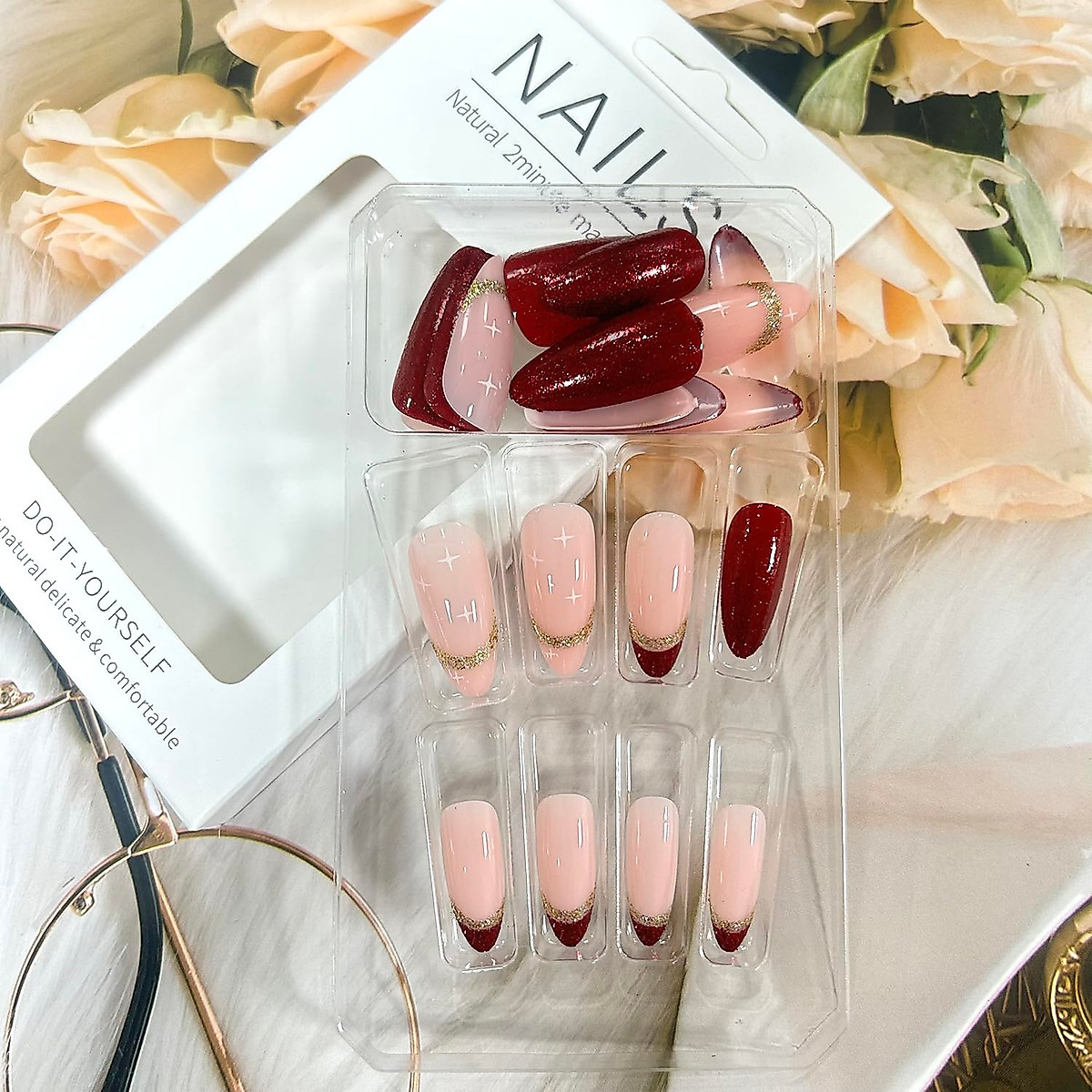 Press on Nails Tip Almond Medium Length, Artificial Fake Nails with Gold Sequins Design, Full Cover Reusable Coffin Shaped Glossy False Nails, Red French Acrylic Nails, Glue on Nails for Women Set