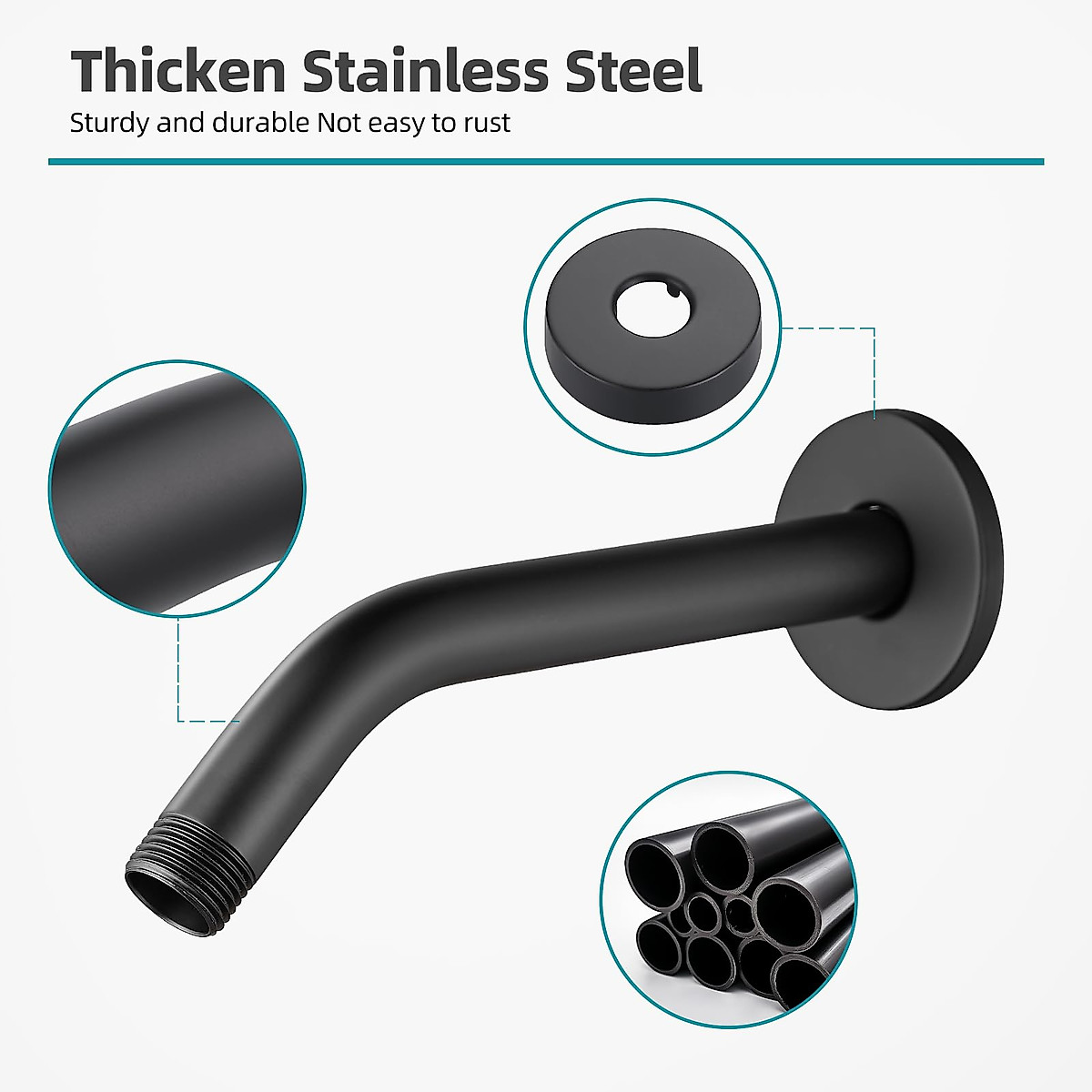 Cobbe Shower Arm with Flange and Teflon Tape, 6-Inches Wall Mounted Shower Pipe Arm Extension for Fixed Shower Head, Matte Black