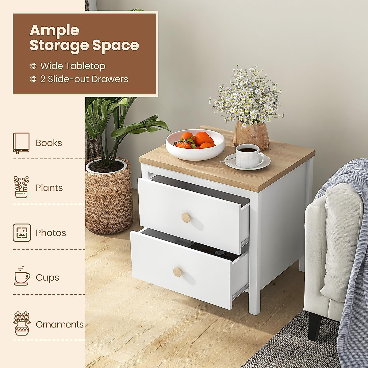 Giantex Night Stand with 2 Drawers, Farmhouse Bedside Table with Cute Round Knobs, Wooden Floor End Table with Rubber Wood Legs, Small Sofa Side Table for Small Space Kids Bedroom College, White