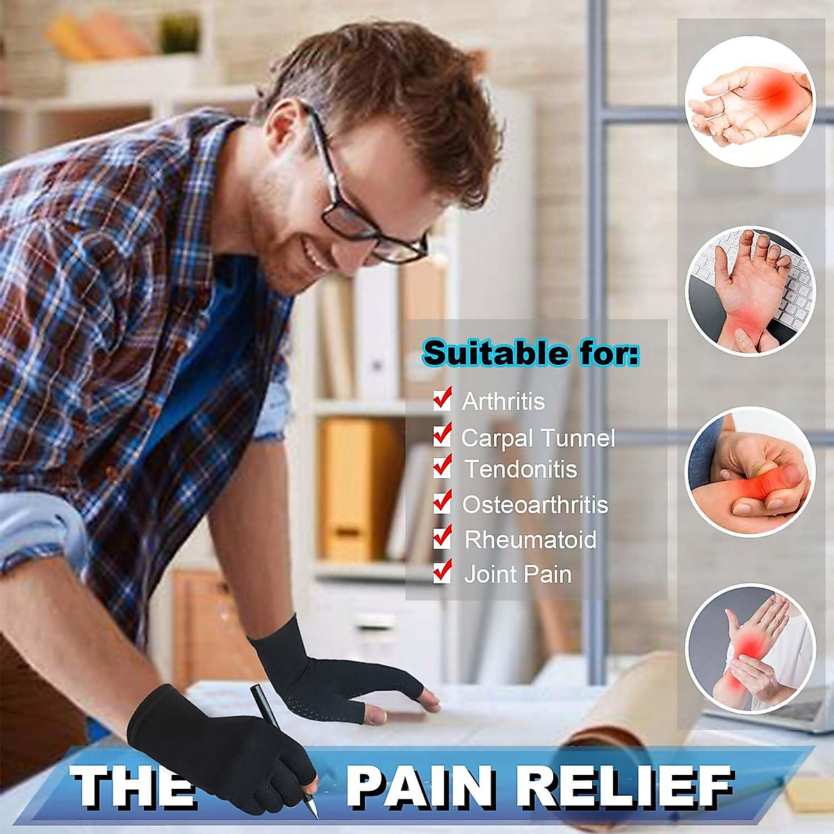 Kecartu 2 Pairs Compression Gloves for Rheumatoid Arthritis, Osteoarthritis, Carpal Tunnel Pain, Fingerless Arthritis Hand Gloves for Women Men Support Work&Computer Typing (Pure Black+Purple,Medium)