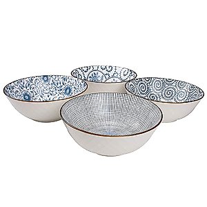 YALONG 40 Ounce Large Deep Soup Pho Bowls Set, Blue White Porcelain Salad Bowls for Ramen Pasta Cereal Pasta Wonton, Stackable Deep Noodle Serving Bowls Set of 4