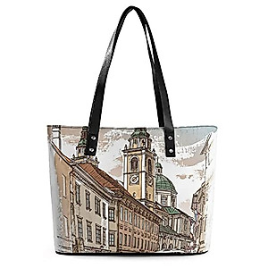 Womens Handbag Postcard Street Leather Tote Bag Top Handle Satchel Bags For Lady