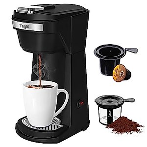 Teglu Single Serve Coffee Maker for K Cup Pod & Ground Coffee 2 in 1, K Cup Coffee Machine 6-14 oz Brew Size, Mini One Cup Coffee Pot Fast Brewing 800W, Reusable Filter, Classic Version, Black