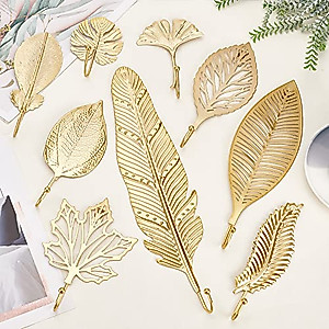 BENECREAT 9pcs Decorative Leaves Iron Hooks, 9 Style Feather/Maple Leaf Wall Mounted Hangers Gold Coat Hooks for Hanging Key, Towel, Coat, Photo Frame, Hat, Bag and Umbrella