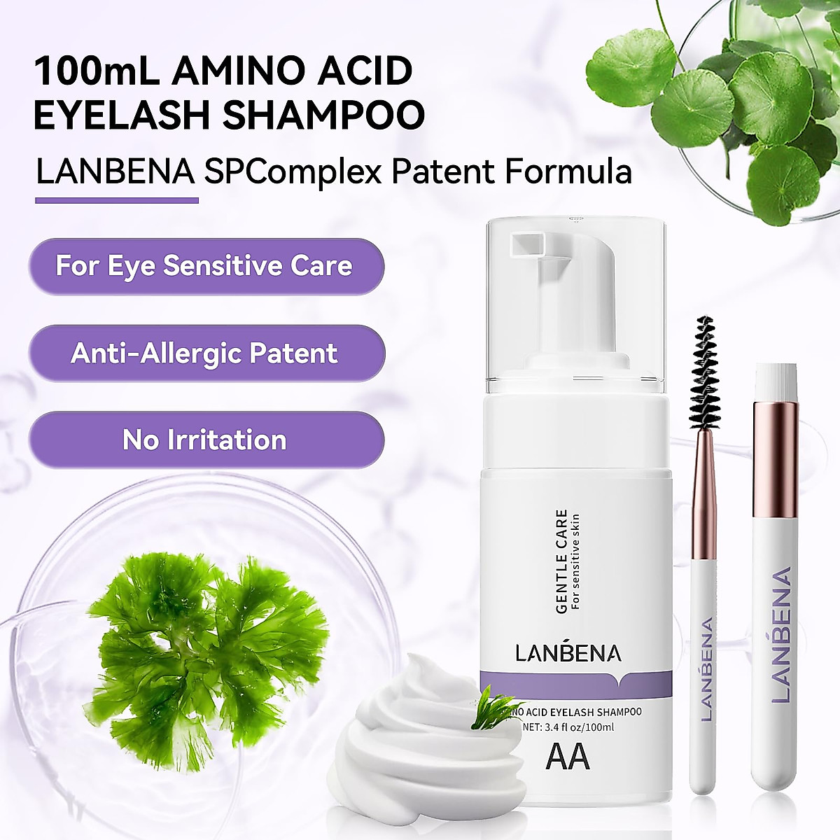 LANBENA 100ml Eyelash Extension Cleanser, Lash Shampoo for Lash Extensions, AMINO ACID Eyelash Shampoo Oil Free Foam Lash Bath for Eyelash Extensions, Lash Cleaning Kit with Brush,Home Salon Use