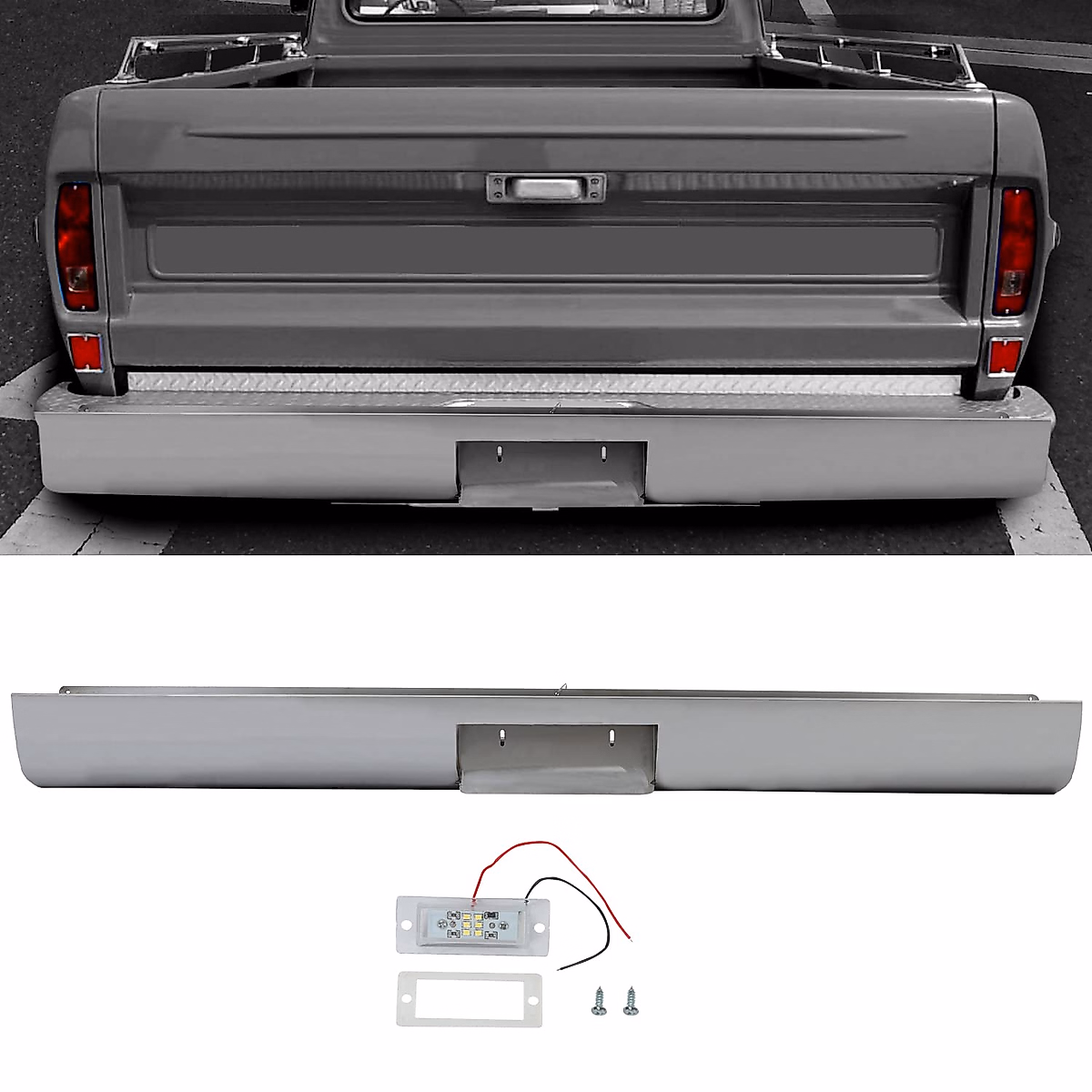 KUAFU Rear Bumper Roll Pan Compatible with 1967-1972 Ford F100 Fleetside Steel Rollpan w/License Plate Hole & LED Light
