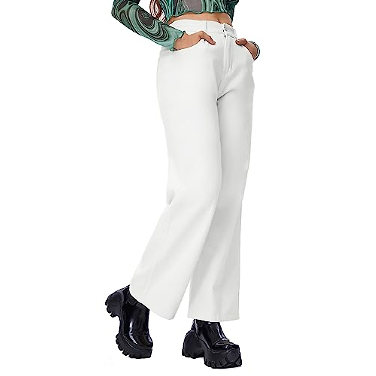 SweatyRocks Women's Casual Loose High Waist Solid Straight Wide Leg Jeans White Elastic Waist S