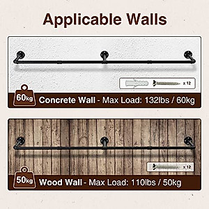 GREENSTELL Clothes Rack, 72.5 Inches Industrial Pipe Clothing Rack, Wall Mounted Closet Rod, Space-Saving Heavy Duty Hanging Bar, Detachable Multi-Purpose Hanging Rod for Closet Storage 3 Base