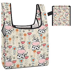 Cow Pattern Printed Reusable Grocery Bag with Handle Foldable Shopping Tote Bags Portable for Supermarket Camping