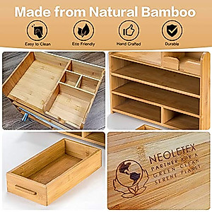 Bamboo Desktop Organizer | Home Office Bamboo Desk Drawer Organizer - 4 Tier Durable Wood Table Top Storage for Pencils, Notepads, Documents & Office Supplies