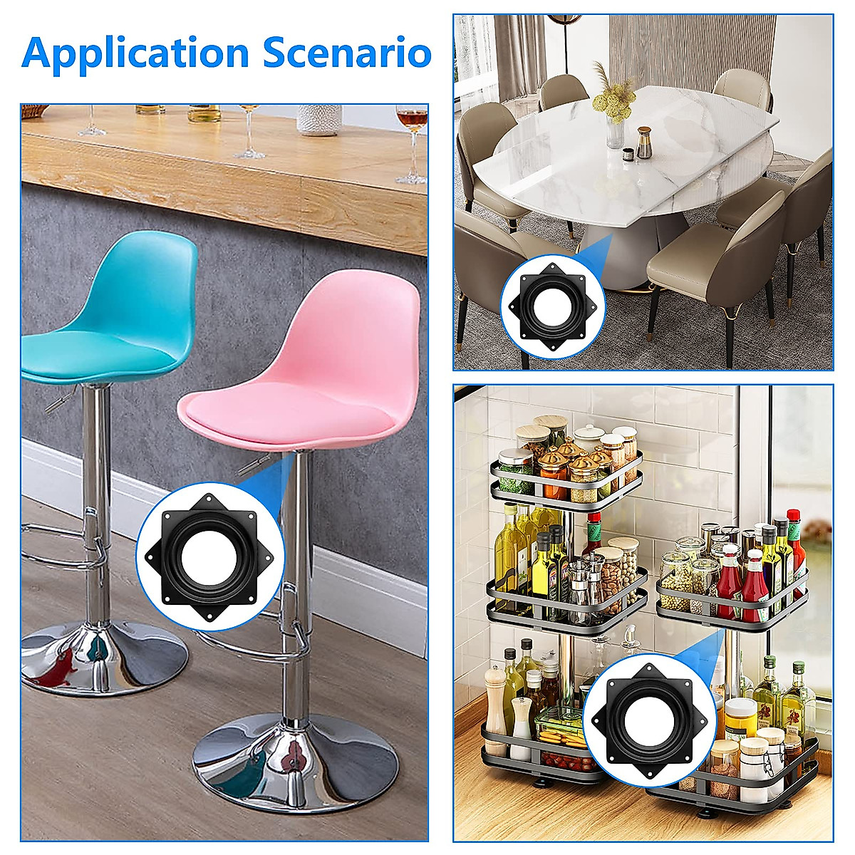 4 Pcs 4 Inch Square Rotating Bearing Plate, 300lbs Capacity Turntable Bearing Swivel Plate for Serving Trays, Kitchen Storage Racks, Makeup Holder - 5/16-Inch, Thick Black