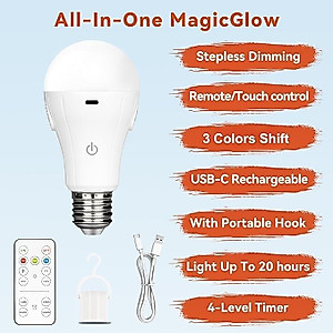 Neporal MagicGlow Rechargeable Light Bulbs with Remote, 3 Colors Shift + Dimmable Battery Powered Light Bulbs, USB Rechargeable, A19 Standard Emergency LED Light Bulbs, 15W, Up to 24 Hours, 2 Pack