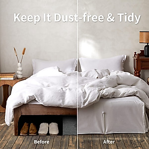 BISELINA French Linen Bed Skirt Split Corner with Button 14-Inch Tailored Drop Natural Flax Cotton Blend Basic Dust Ruffle Soft Cozy (14" Queen,Button White)