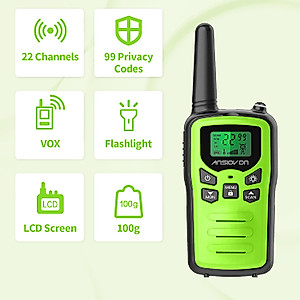 Walkie Talkies, ANSIOVON Walkie Talkies for Adults Long Range 22 Channels Walky Talky VOX Scan LCD Display Flashlight Two Way Radio for Family Biking Hiking Camping Cruise (2 Pack Green)