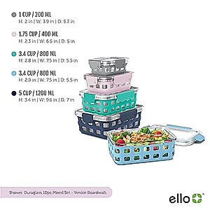 Ello Duraglass Mixed Meal Prep Sets Leak-Proof Glass Food Storage Containers with Silicone Sleeves and Airtight BPA-Free Lids, Dishwasher, Microwave, and Freezer Safe