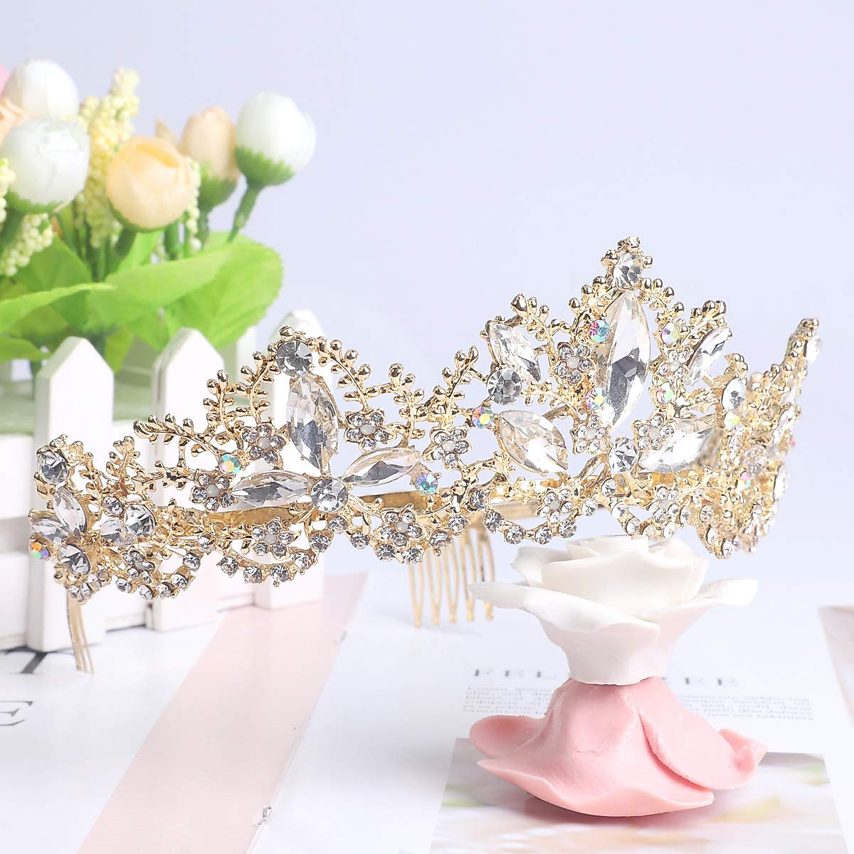Sppry Women Tiara with Comb - Baroque AB Crystal Crown for Bridal Queen Princess Girls at Wedding Birthday Pageant Party (Gold)