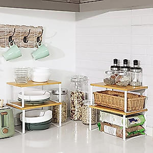 SONGMICS Cabinet Shelf Organizers, Set of 4 Kitchen Counter Shelves, Stackable, Expandable Spice Racks, Metal and Wood, White and Natural UKCS010N01