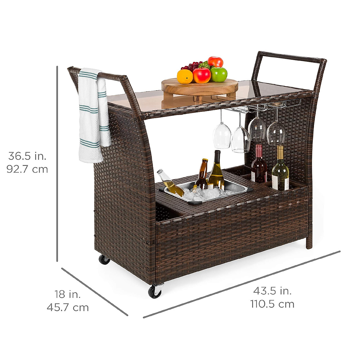 Best Choice Products Outdoor Rolling Wicker Bar Cart w/Removable Ice Bucket, Glass Countertop, Wine Glass Holders, Storage Compartments - Brown