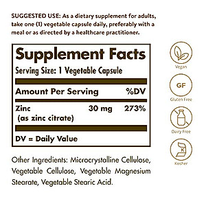 Solgar Zinc Citrate 30 mg, 100 Vegetable Capsules - Zinc for Healthy Skin, Taste & Vision - Immune System & Antioxidant Support - Citrate Form for Optimal Absorption - Non GMO, Vegan - 100 Servings