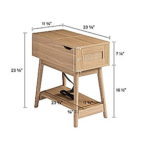 Labcosi Natural Rattan Side Table, Flip Top Nightstand with Charging Station, Mid Century Modern End Table for Living Room and Bedroom, Table with Storage Shelf
