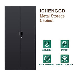 iCHENGGD Metal Storage Cabinet with 2 Door and 4 Adjustable Shelves, 70.8 inch Tall Steel Cabinet for Warehouse, Garage, Home, Office,Easy Assemble Required (Black)