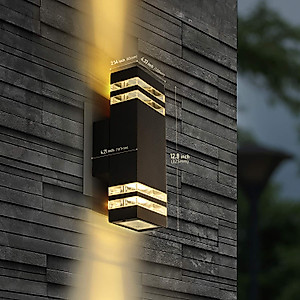 LANFU 12.8inch LED Outdoor Rectangular Modern Wall Sconce Waterproof 12W, Black Exterior Wall Light Fixture Outside for House Patio Garage,2700k Warm White, IP65 Waterproof Up and Down Light (1 PCS)