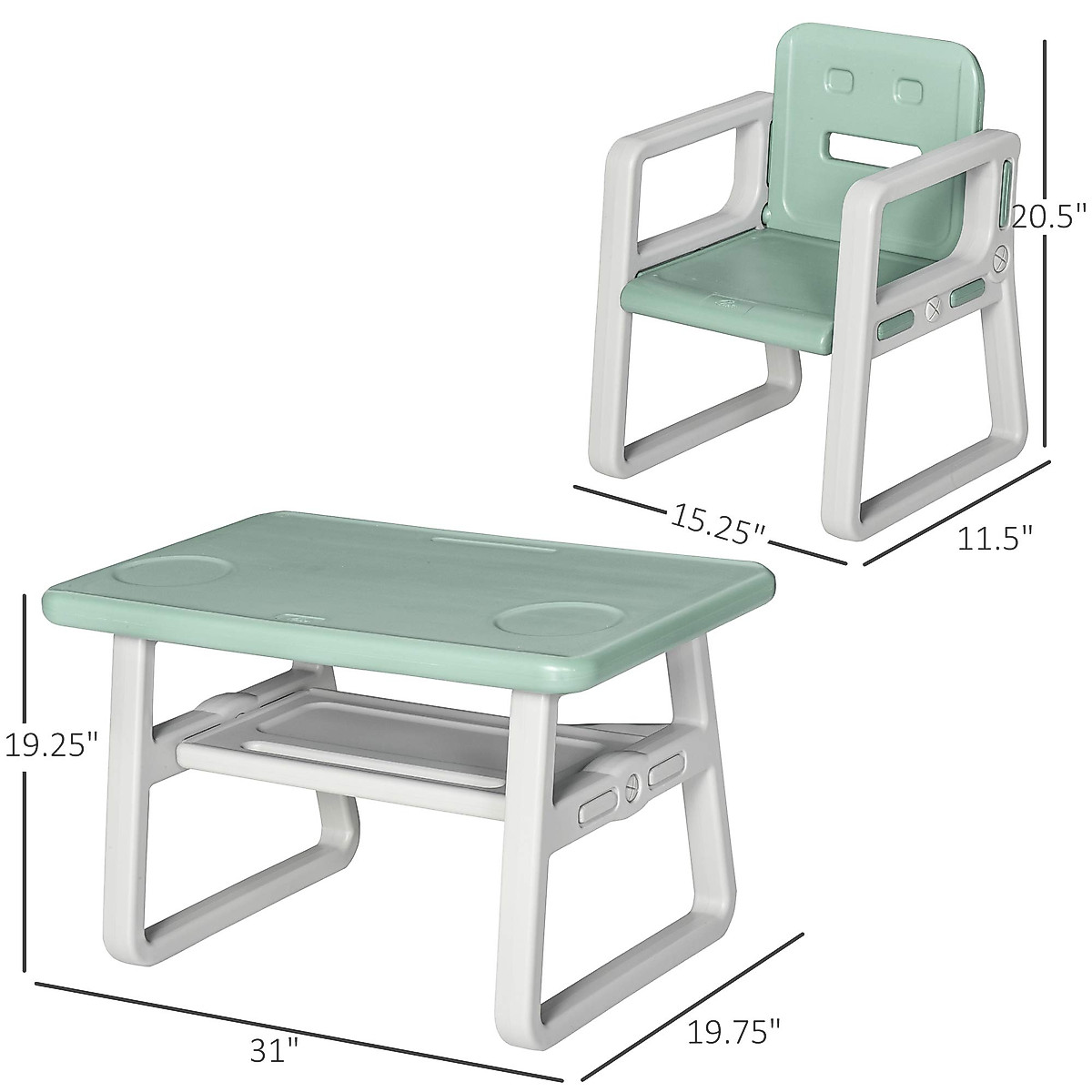 Qaba 3-Piece Kids Table and Chair Set Writing Desk with Armrest, Storage Space for Toddler Activities, Green