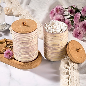 Ceramic Bathroom Canister Jars, 2 Pack Qtip Holder Dispenser with Lid and Tray, Cotton Ball Swab Pad Holder for Bathroom Essential Accessories Vanity Organizers-Light Purple