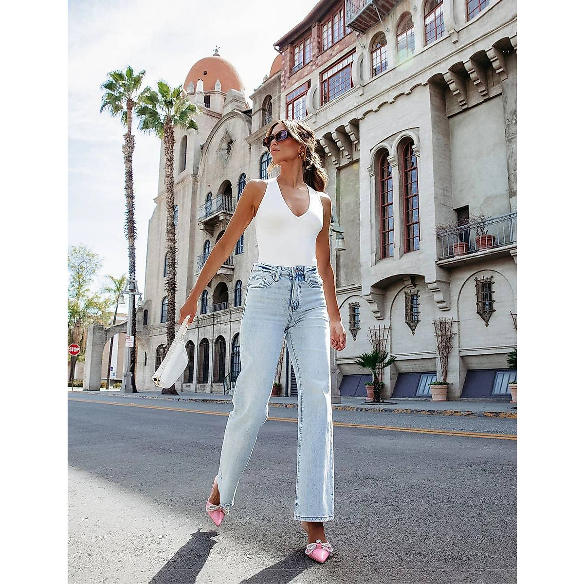 WAYMAKER Bodysuit for Women Sexy Deep V Neck Sleeveless Backless Tank Double Lined Thong Body Suits Going Out Tops (White,Small)