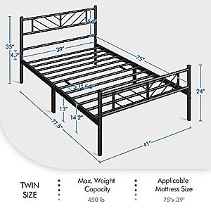 Yaheetech Twin Size Platform Bed Frame with Arrow Design Headboard, 13 Inches Metal Mattress Foundation for Storage, No Box Spring Needed, Easy Assembly, Modern, Black