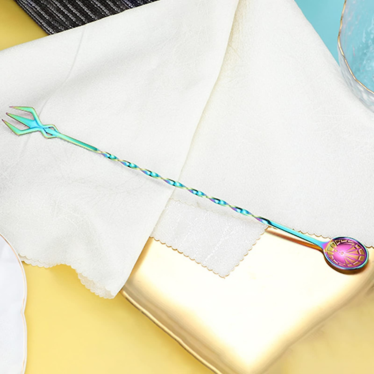 PAPABA 1 Pc Stainless Steel Mixing Spoon Anti-slip Spiral Bar Spoon Fruit Fork Long Handle Cocktail Stirrer Multicolor